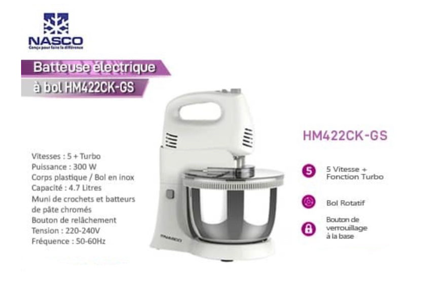 NASCO Batteur Electrique Avec Bol - MIXER_HM422CK-GS – Infinite Marte